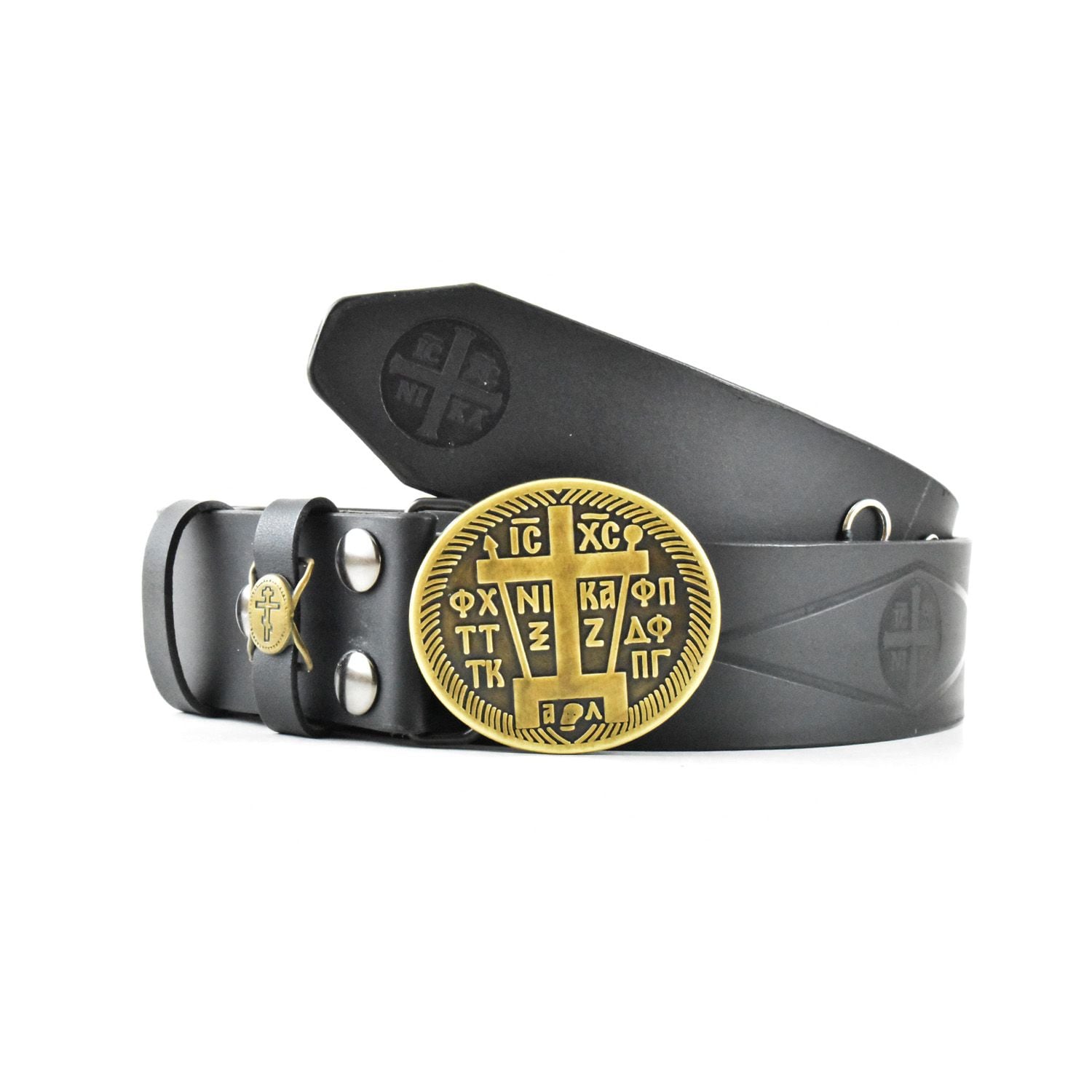 Leather Belt with Golgotha Cross – Gold Buckle - Monastic Republic